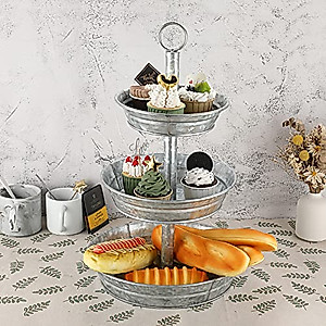 ELLDOO 3 Tier Serving Tray, Farmhouse Metal Tiered Galvanized Serving Tray Stand for Kitchen Dining Party and Wedding Decor, Rustic Home Organizer Tray for Storage Cupcake Dessert Fruit