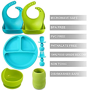 PandaEar Baby Toddlers Infants Feeding Set |Adjustable Silicone Bibs | Divided Silicone Baby Plate| Tiny Training Cup| Suction Bowls| Soft Spoon Forks| Self Feeding Baby Utensils