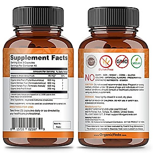 Organic Veda Triphala Capsules, 2000mg – Premium Ayurvedic Herbal Supplement Made with Organic Herbs Amla, Haritaki, Bibhitaki Fruits for Colon, Digestive & Immune System – 120 Veggie