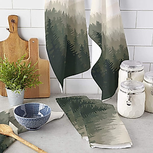 Misty Trees Green Forest Mountains Kitchen Towels Dish Cloth Towel Absorbent Hand Towel Cleaning Cloth,Spring Foggy Forest Abstract Gradient Art Dishcloth Quick Drying for Dishes Counter 4 Pack