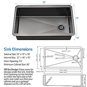 33 Black Undermount Workstation Kitchen Sink, Scamall 33 X 19 X 10 Inches 16 Gauge Nano Black Stainless Steel Single Bowl Workstation Kitchen Sink With Offset Drain SML006SBG