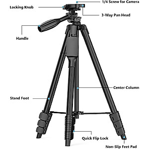 Lightweight 57-inch Camera Tripod for Canon EOS Rebel T3, T3i, T4i, T5, T5i T6i, T6s, T7, T7i, EOS 60D, EOS 70D, EOS 80D, EOS 5D Mark III, EOS 6D, EOS 7D Mark II, EOS-M, EOS-M3, EOS-M50 Cameras