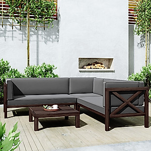 EMKK 4 Pcs Outdoor Furniture Sectional PE Rattan Wicker Patio Conversation Cushions and Table X-Back Sofa Set, Lshaped Brown+Gray
