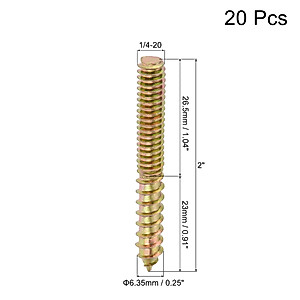 uxcell 1/4-20x2 Hanger Bolts Double Head Dowel Screw for Wood Furniture 20pcs