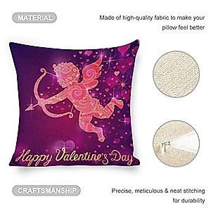Happy Valentine's Day Throw Pillow Covers 18×18 Pillowcases Set of 2 Glitter Cupid Linen Decorative Square Pillow Case Cushion Covers Standard Size for Sofa Couch Outdoor Bed Pillow Protectors