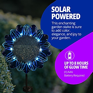 Exhart Garden Solar Lights, Sunflower Garden Stake with Mesh Bird Seed Feeder, 9 LEDs, Glass and Metal Outdoor Decoration, Blue, 11 x 3.5 x 36.5 Inch