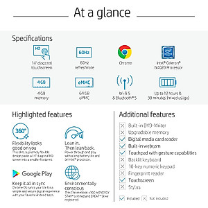 HP Chromebook X360 2-in-1 14" HD Touchscreen Light and Slim Laptop, Intel Celeron N4120 Processor, 4GB RAM, 64 GB eMMC, Webcam, Bluetooth, Wi-Fi, Chrome OS,Teal, w/ELMTech 128GB MicroCard