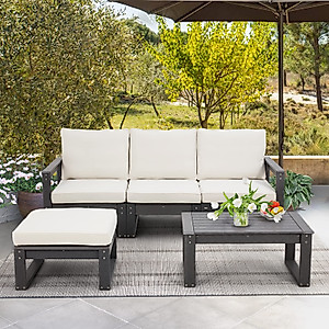 Erinnyees 3PCS Outdoor Furniture Set, HDPE Modern Patio Conversation Sets, Sectional Sofa Set with Removable Cushions and Coffee Table for Balcony, Garden, Grey