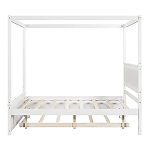 Bellemave Full Size Wood Canopy Bed with Trundle and Two Nightstands, 4-Post Platform Frame Headboard, 3 Pieces Bedroom Set (Brushed White) Full Canopy Bed+2 Nightstands