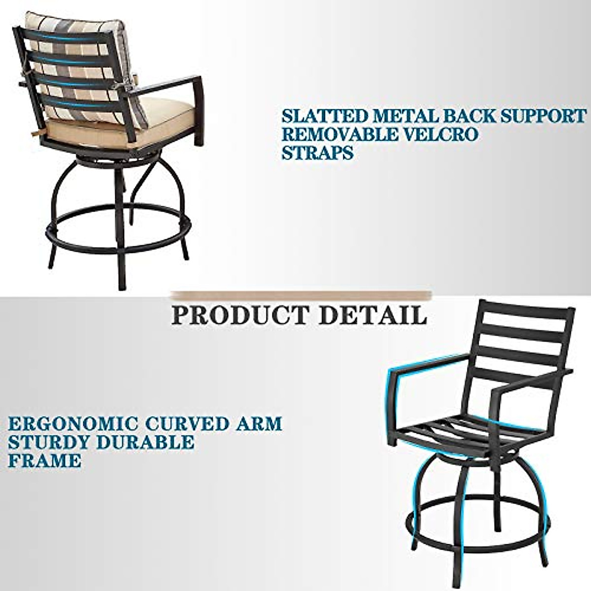 Festival Depot 2pcs Bar Bistro Outdoor Patio Furniture 360° Swivel Chairs Armrest Height Stools with Soft & Comfort Cushion Metal Steel Frame Legs for Lawn Garden Deck Poolside All-Weather (Original)