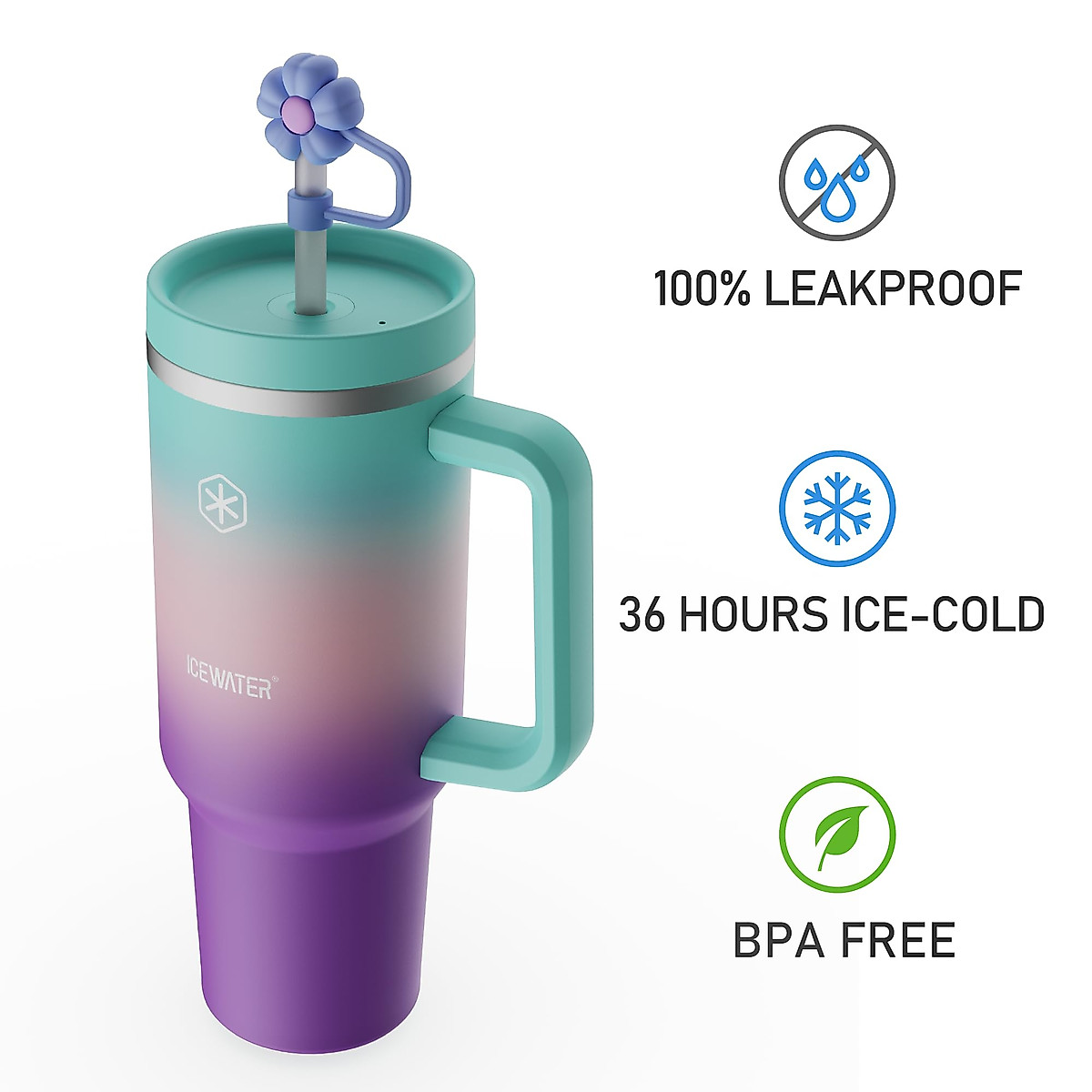 ICEWATER Horizon- 40 oz Tumbler with Lid and Straw | 100% Leak Proof Insulated Tumbler with Handle,Cup Holder Friendly,Water Bottle for Coffee,Keep Cold for up 36 Hours (Rainbow)