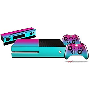 Smooth Fades Neon Teal Hot Pink - Holiday Bundle WraptorSkinz Decal Style Vinyl Skin Wrap compatible with XBOX One Original Console, Kinect and 2 Controllers (GAMING SYSTEM NOT INCLUDED)