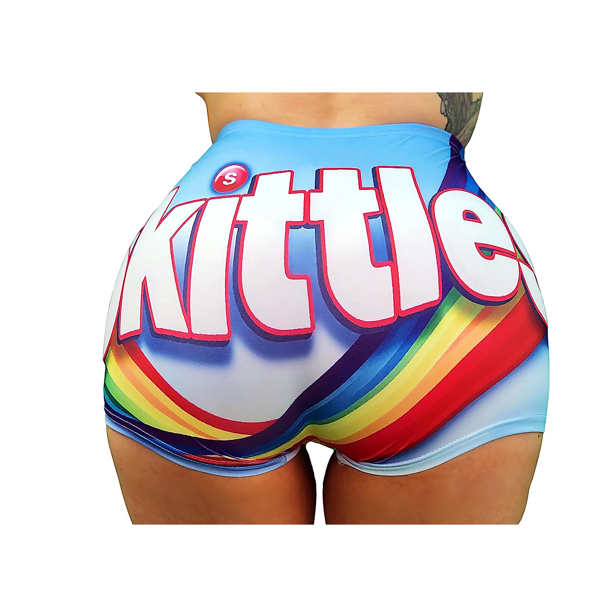 Snack Shorts - High Waisted Booty Shorts Stretchy Biker Shorts for Women Sexy Candy Shorts (Skittles, X-Large)