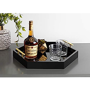 Kate and Laurel Lipton Modern Hexagon Decorative Tray, 18" x 18", Black with Gold Metal Handles