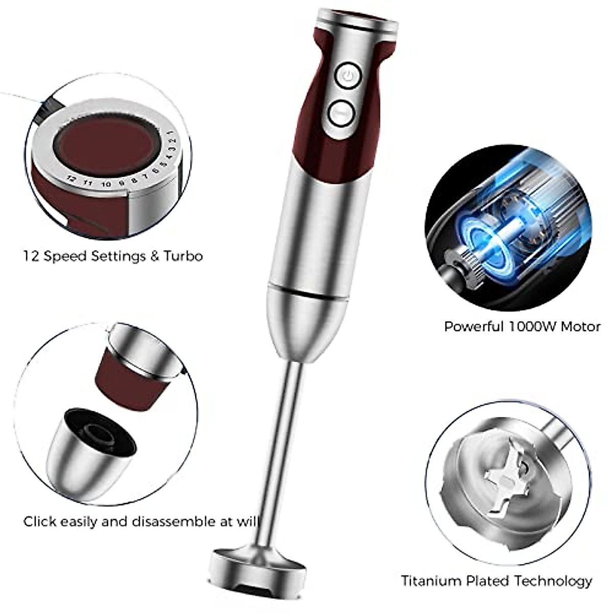 3- in-1 Immersion Hand blender, Powerful 1000W Stainless Steel Stick Blender, 4 Sharpe Blades with Whisk, Milk Frother Attachments