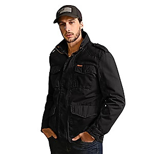 WenVen Men's Washed Cotton Canvas Safari Jacket Spring Military Coat (Black, L)