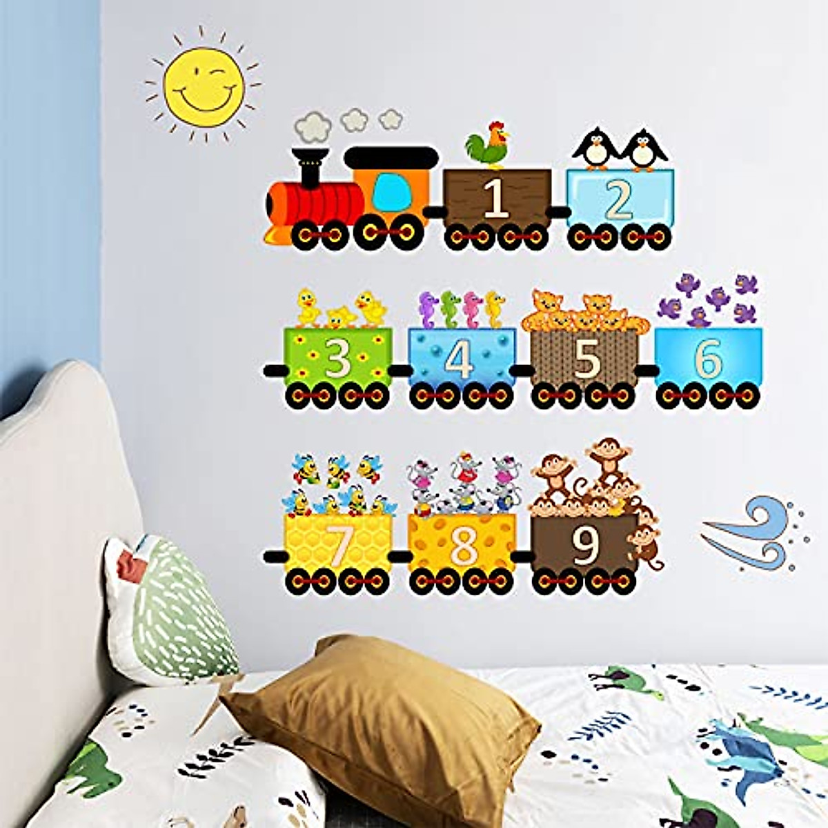 Colorful 9 Number Wall Decals, Creative Figures Sitting in The Train Wall Stickers, Interesting Early Education Digitals Wallpaper, Removable DIY Art Mural for Kids Bedroom, Nursery, Classroom