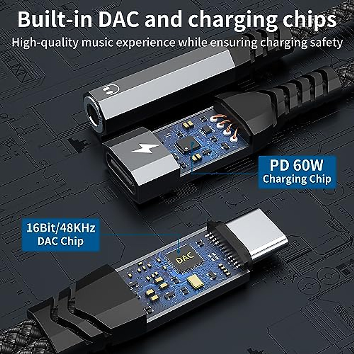 USB C to 3.5mm Headphone and Charger Adapter, 2-in-1 Type C to Aux Jack Cable with PD 60W Fast Charging for iPhone 15 Plus 15 Pro Max, Samsung Galaxy S20 S21 S22 S23, Note 20 10, iPad Pro Air4, Pixel