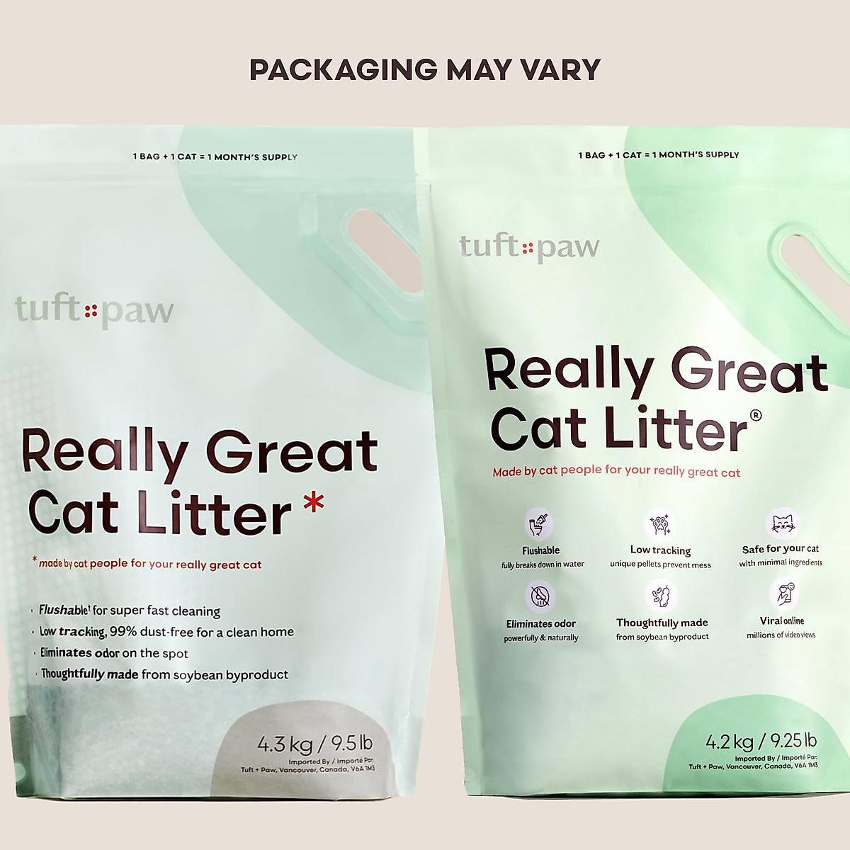 Tuft + Paw Really Great Cat Litter, Extra Large Bags, Low Tracking Tofu Cat Litter, Clumping, Flushable, Odor Control, Dust-Free, Unscented - 9.25lbs x 2Bags