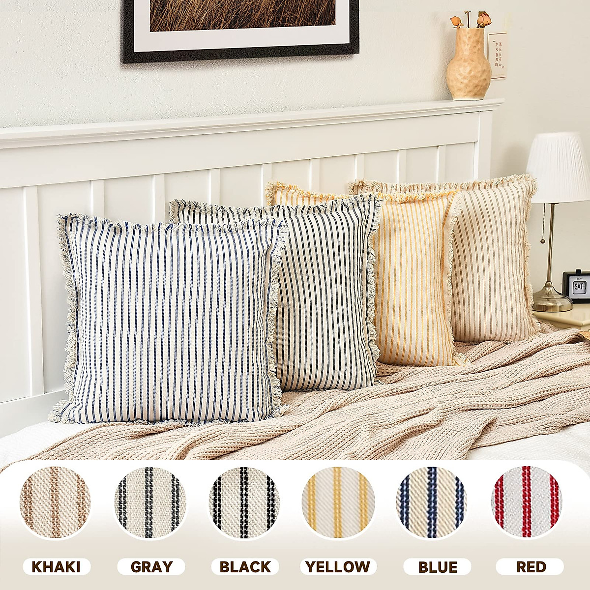 ZWJD Throw Pillow Covers 18x18 Set of 2 Striped Pillow Covers with Fringe Chic Cotton Decorative Pillows Square Cushion Covers for Sofa Couch Bed Living Room Farmhouse Decor