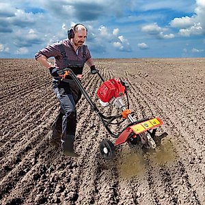 Gas Tiller,52CC 2 Stroke Garden Cultivator Gas Powered,Gasoline Garden Farm Tilling Rototiller for Lawn, and Field Soil Cultivation