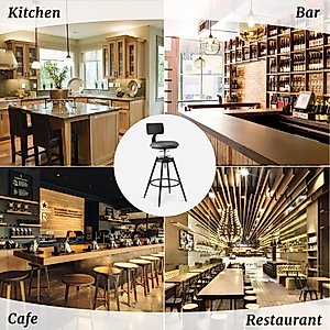 Industrial Swivel Bar Stool Set of 4, 26"-32" Adjustable Counter Height Bar Stool with Back for Kitchen Island, Vintage Farmhouse Faux Leather Barstool with Black Metal Legs, Dark Gray