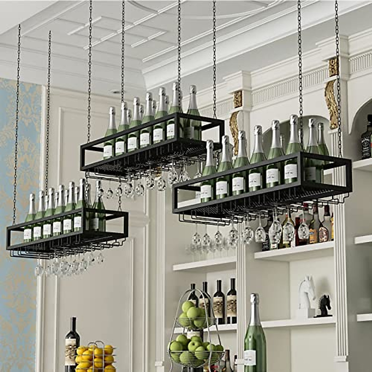 Wine Rack Black Metal Wine Bottle Holder ， Ceiling Hanging Iron Stemware Glasses Shelf Home Bar Creative Wall Mounted Floating Organizer Storage Shelves (Size : 60x25x20cm)