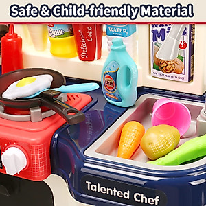 CUTE STONE Play Kitchen, Kids Kitchen Playset with Real Sounds & Lights, Pretend Play Food Toys, Play Sink, Cooking Stove with Steam, Toddler Kitchen Toy Gift for Boys and Girlis (Blue)