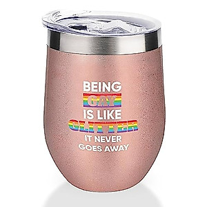 Mighun Being Gay Is Like Never Goes Away Wine Tumbler with Lid, Pansexual Bisexual LGBTQ Vacuum Coffee Tumbler, Gay Pride Stemless Insulated Wine Glasses Cup for Champaign, Cocktail, Beer
