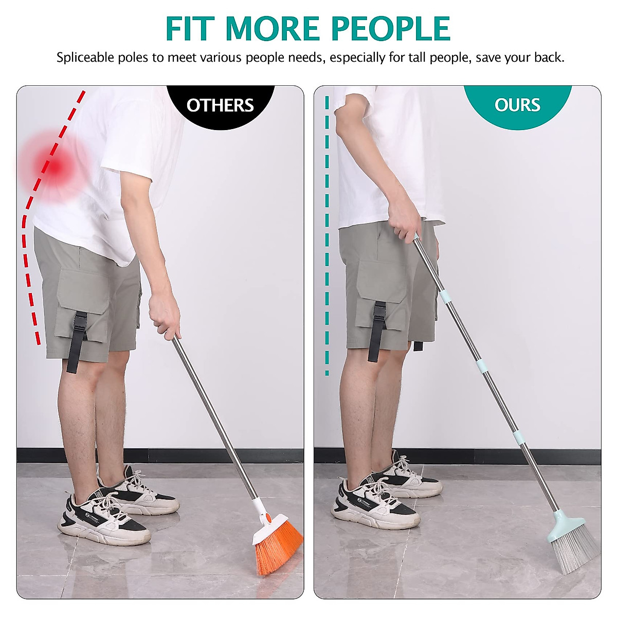 XXFLOWER Broom and Dustpan Set for Home, Broom and Dustpan Set with Long Handle 55", Broom with Dustpan Combo Set, Standing Broom and Dust Pan Set for Kitchen Office Lobby Floor, Bluish Green