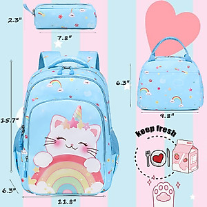 Jumpopack Unicorn Backpack for Girls School Backpacks for Elementary Girls Backpack with Lunch Box Lightweight Water Resistance School Bag Preschool Kids Bookbag,Unicorn Cat
