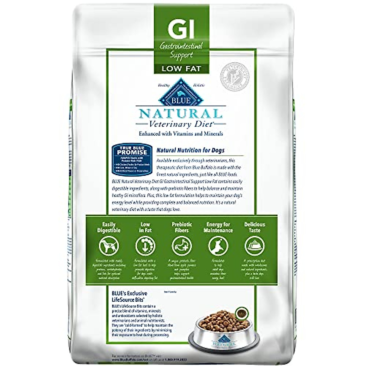 Blue Buffalo Natural Veterinary Diet GI Gastrointestinal Support Low Fat Dry Dog Food, Whitefish 22-lb bag