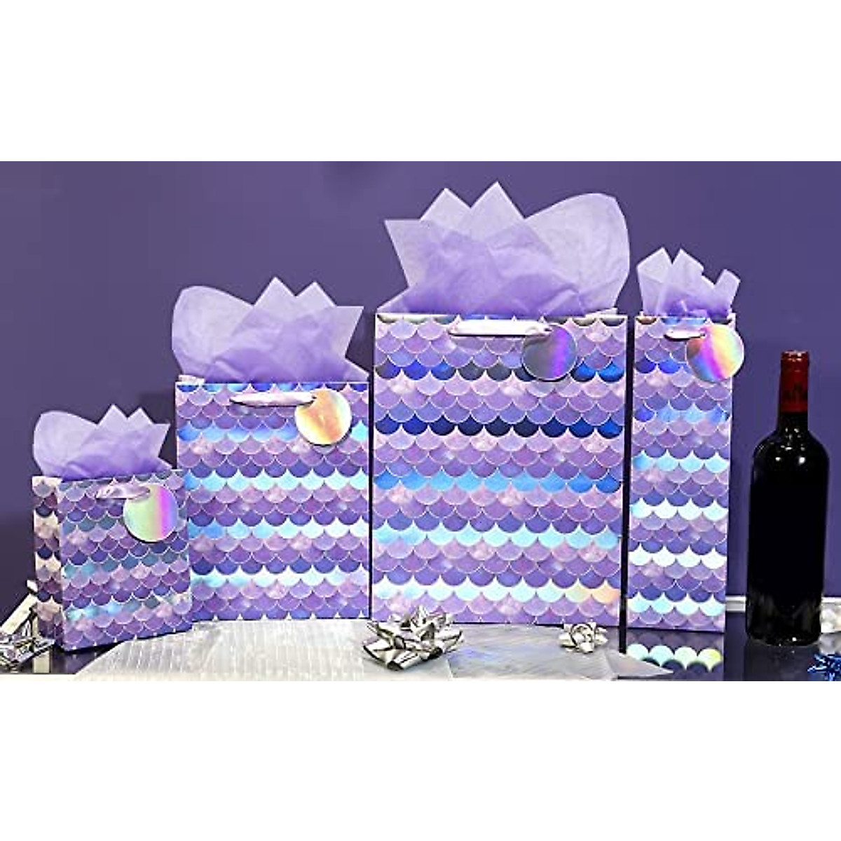 MAYPLUSS Gift Bags Set - 4 Pack - Purple & Silver Fish Scales With Purple Tissue Paper for Mermaid Party, Birthday, Wedding and more