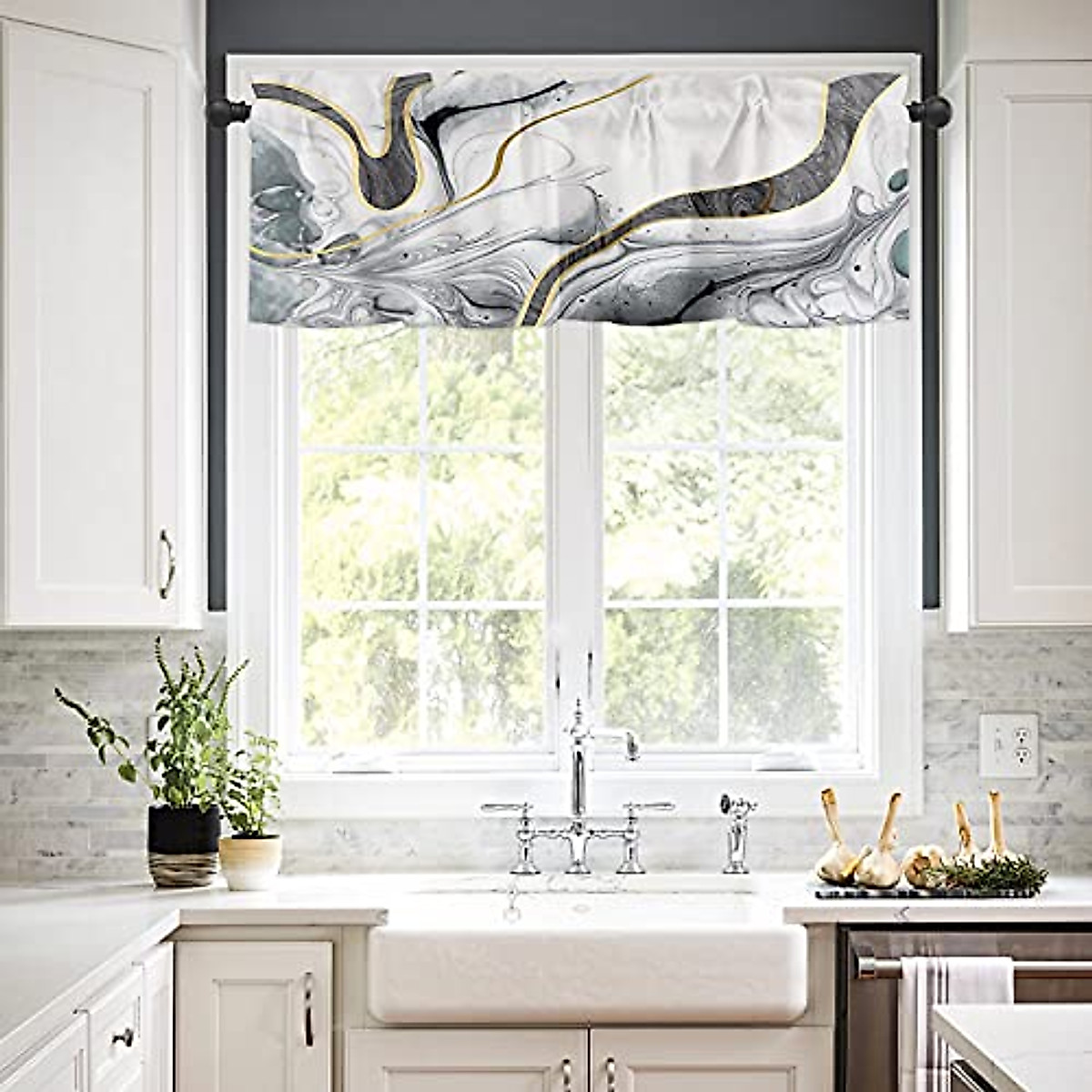 Curtain Valance, Abstract Marble Black White Gold Rod Pocket Valance Short Window Treatment Decor Curtains for Kitchen Bathroom Bedroom,1 Panel, 54" x 18" L