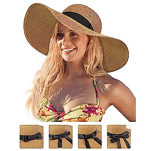 Beach Hats for Women, Wide Brim Sun Straw Hat Foldable Summer Floppy Hat UV Protection Cap, A-Khaki