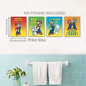 SWITHOM Super Mario Bathroom Wall decor - Unframed Boy's Bathroom Decor, 8X10 inch Super Mario Wall Art Prints for Kids Bathroom, Set of 4 Positive Quotes Toilet Wall Decor Art Prints for Bathroom