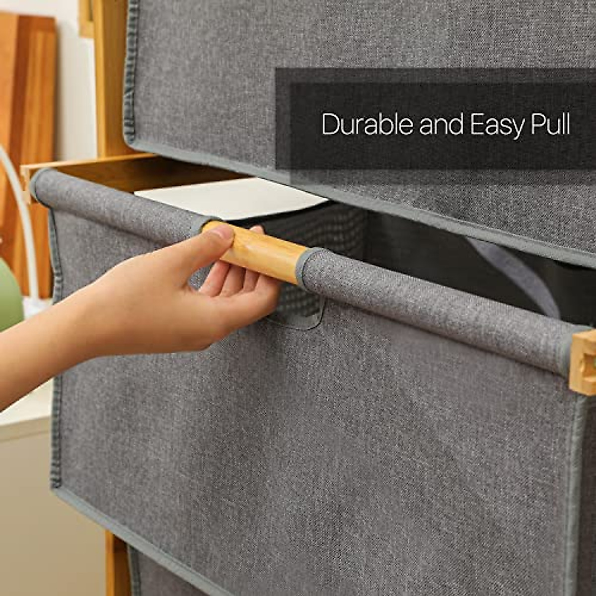 MoNiBloom 3 Section Clothing Storage Removable Bamboo Organizer Unit with Pull-Out Fabric Baskets for Bedroom Laundry Home Office, Grey