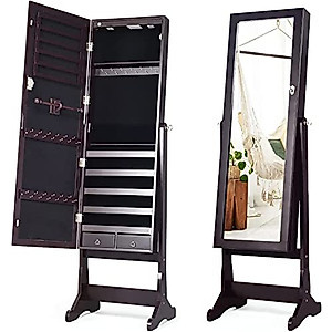 COSTWAY Standing Jewelry Cabinet Armoire, Large Storage Jewelry Organizer w/Full Length Mirror, 4 Adjustable Angles & 2 LED Lights, Lockable Mirror Jewelry Cabinet for Living Room, Bedroom, Brown
