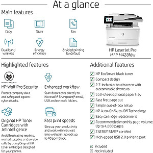 HP Laserjet Pro MFP M428fdw All-in-One Wireless Monochrome Laser Printer for Home Business Office, White - Print Scan Copy Fax - 40 ppm, 50-Sheet ADF, 1200 x 1200 dpi, Auto Duplex Printing, Ethernet