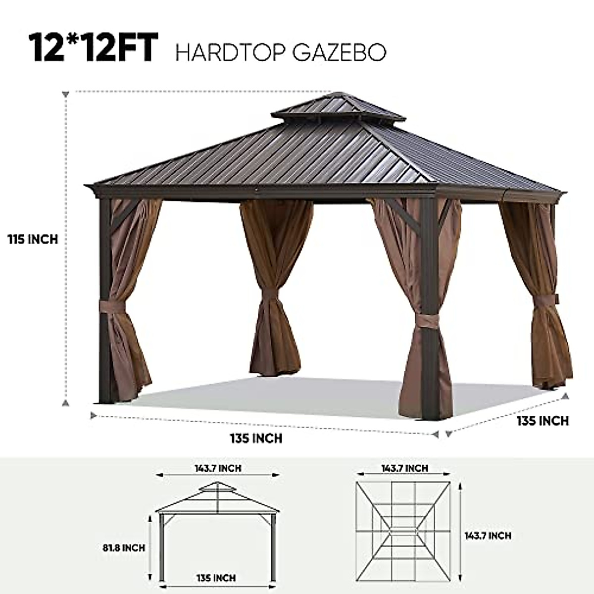 EMKK 12x12FT Hardtop Gazebo, Patic Gazebo Wooden Coated Hardtop Frame Canopy with Galvanized Steel Double Roof, Outdoor Permanent Metal Pavilion with Curtains and Netting for Deck,Garden, Backyard