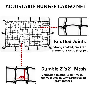 Funmit 22"x38" Cargo Net Stretches to 44"x76", Latex Bungee Cargo Net with 2"X2" Small Mesh and 12 Adjustable Plastic Hooks, for Car ATV Boat SUV Van Trailer Snowmobile (Black)