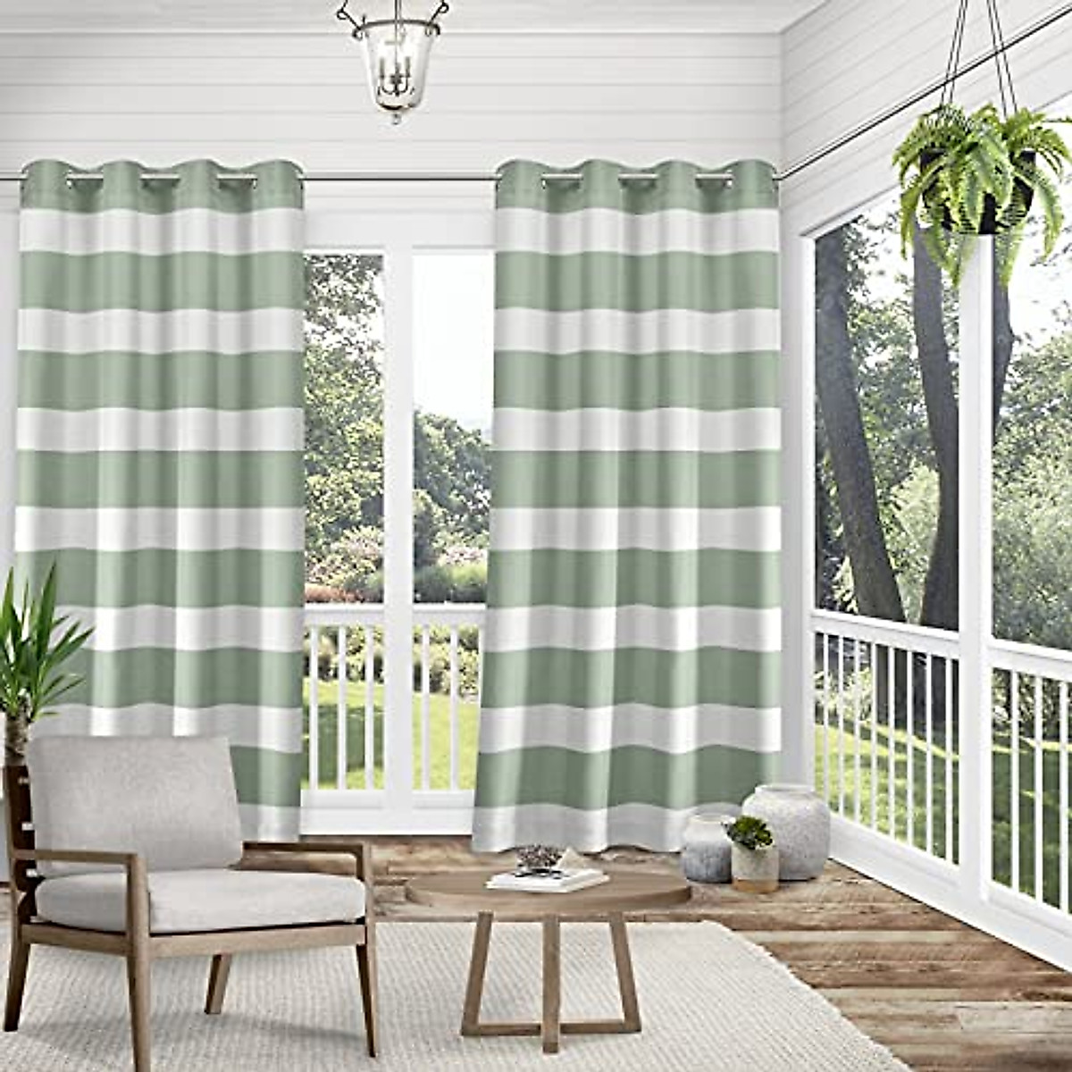 Exclusive Home Cabana Stripe Indoor/Outdoor Light Filtering Grommet Top Curtain Panel, 54"x108", Seafoam, Set of 2