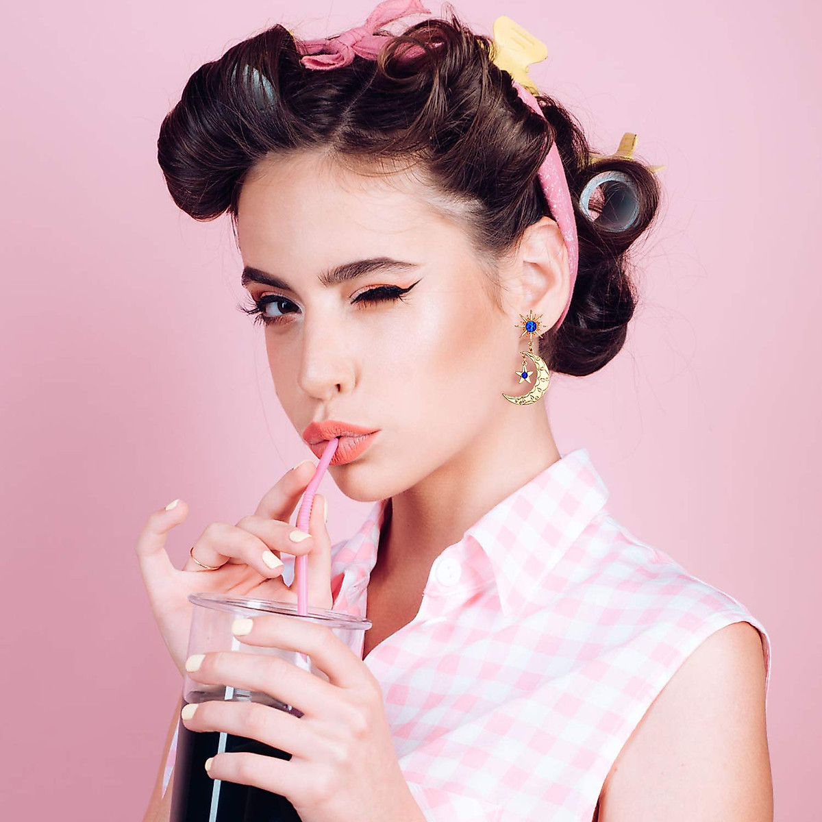 4 Pairs Moon Earrings Star Earrings Exaggerated Boho Earrings Retro Moon Dangle Drop Rhinestones Earrings Sun for Halloween Christmas Women Girls Gift