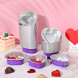 Mini Aluminum Foil Cake Pan with Clear Lids 55 ml/ 1.86 oz Heart Shaped Foil Cupcake Cups Disposable Aluminum Dessert Baking Cups Pans for Valentine Wedding Mother's Day Parties (Purple, 200 Sets)