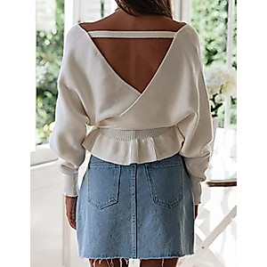 ZESICA Women's 2023 Fall Wrap V Neck Long Batwing Sleeve Belted Waist Ruffle Knitted Sweater Pullover Top,Apricot,Medium