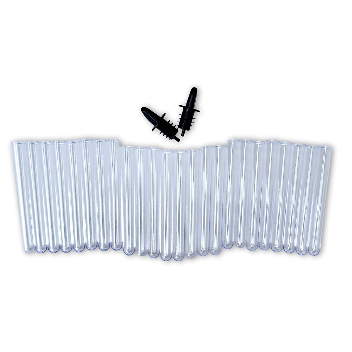 24 Clear Plastic Test Tube Shot Glasses with 2 BONUS Liquor Pourers for Spill Free Pours at New Years Eve parties, Bars, Pool Parties, Bachelorette Parties, Man-Caves, Holidays.