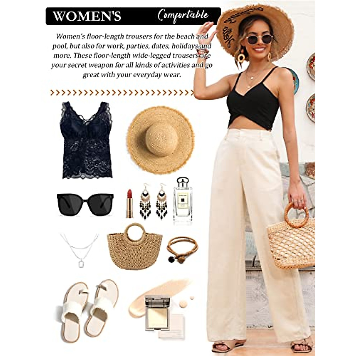 HEEKPEK Linen Pants for Women High Waisted Trousers Straight Wide Leg Flowy Pant Casual Button Up Summer Beach Pants Beige