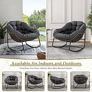 Antetek Outdoor Patio Rocking Chair, Comfy Wicker Egg Chair with Padded Cushion, Oversized Rocker for Indoor & Outside, Modern Lounge Chair for Front Porch, Balcony, Garden, Lawn, Living Room, Grey