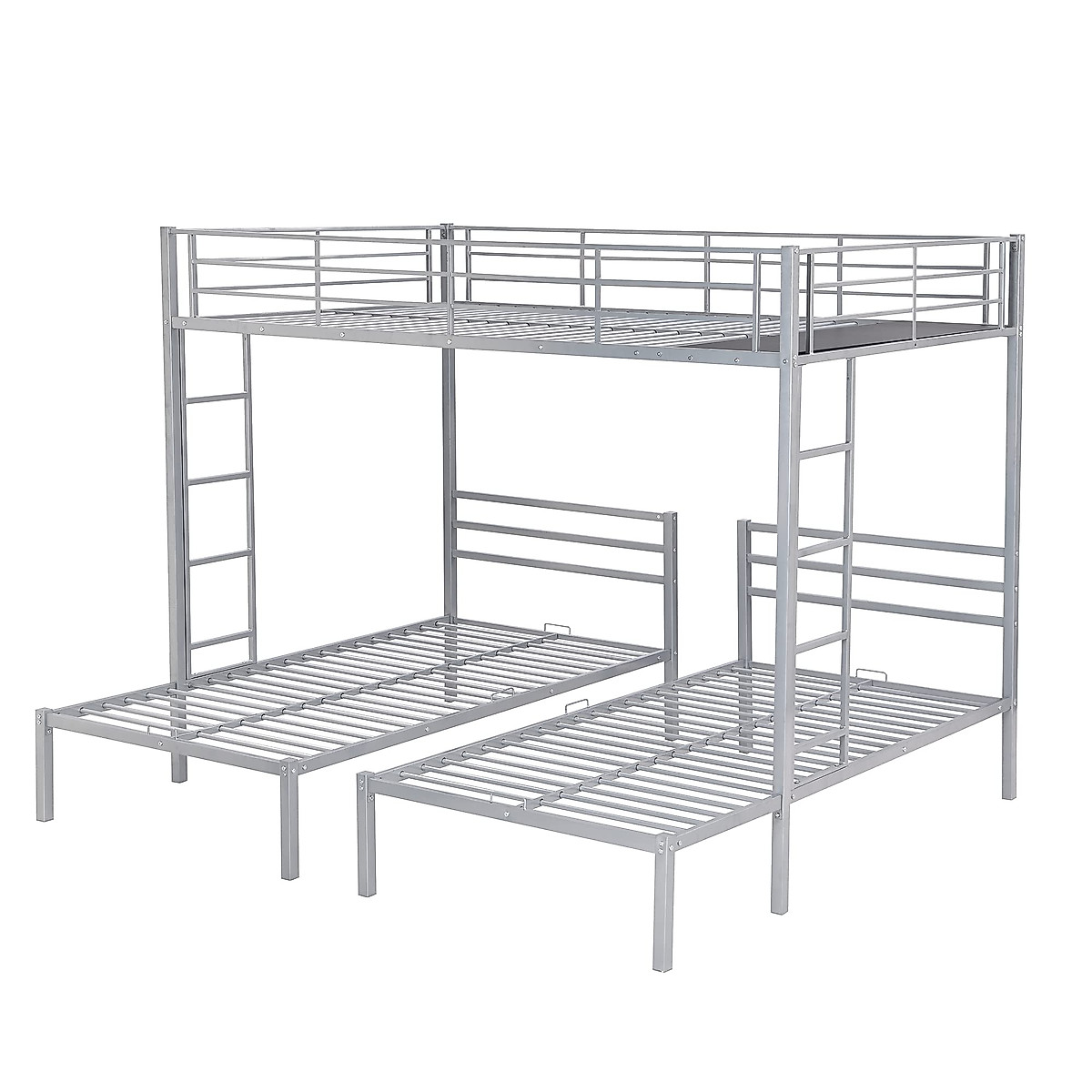 RUNWON Meta L Shaped Triple Bed, Solid Full Over Twin&Twin Bunk Bedframe with Built-in Shelf and 2 Ladders for 3 Kids Teens
