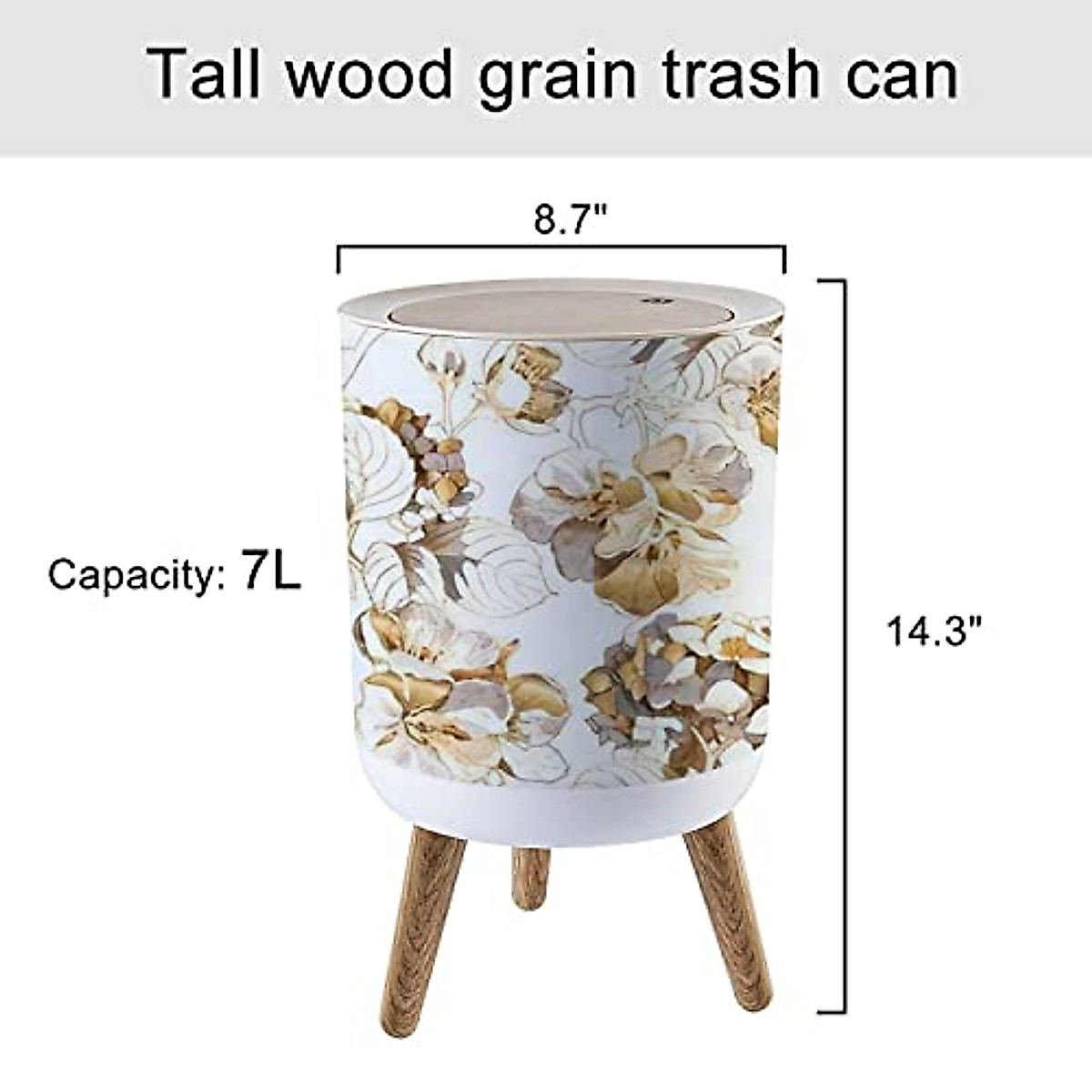 Small Trash Can with Lid Seamless with a Gold Hydrangea and Cherry Flowers Round Recycle Bin Press Top Dog Proof Wastebasket for Kitchen Bathroom Bedroom Office 7L/1.8 Gallon